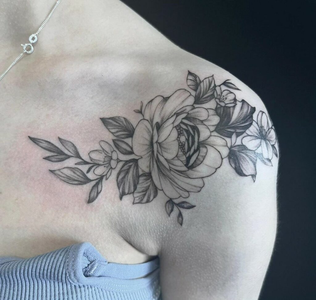 Bloom Shoulder Blackwork Tattoo - Liverpool Tattoos & Piercing Shop | Orrell Park